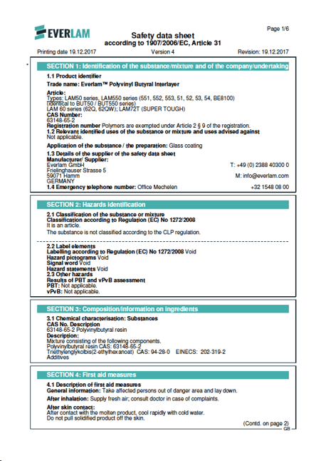 Download EVERLAM™ PVB Interlayer Safety Data Sheet