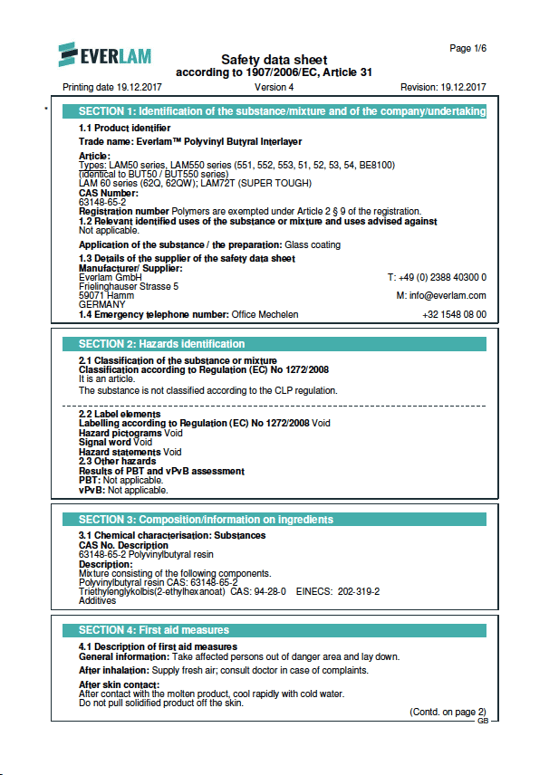 Download EVERLAM™ PVB Interlayer Safety Data Sheet